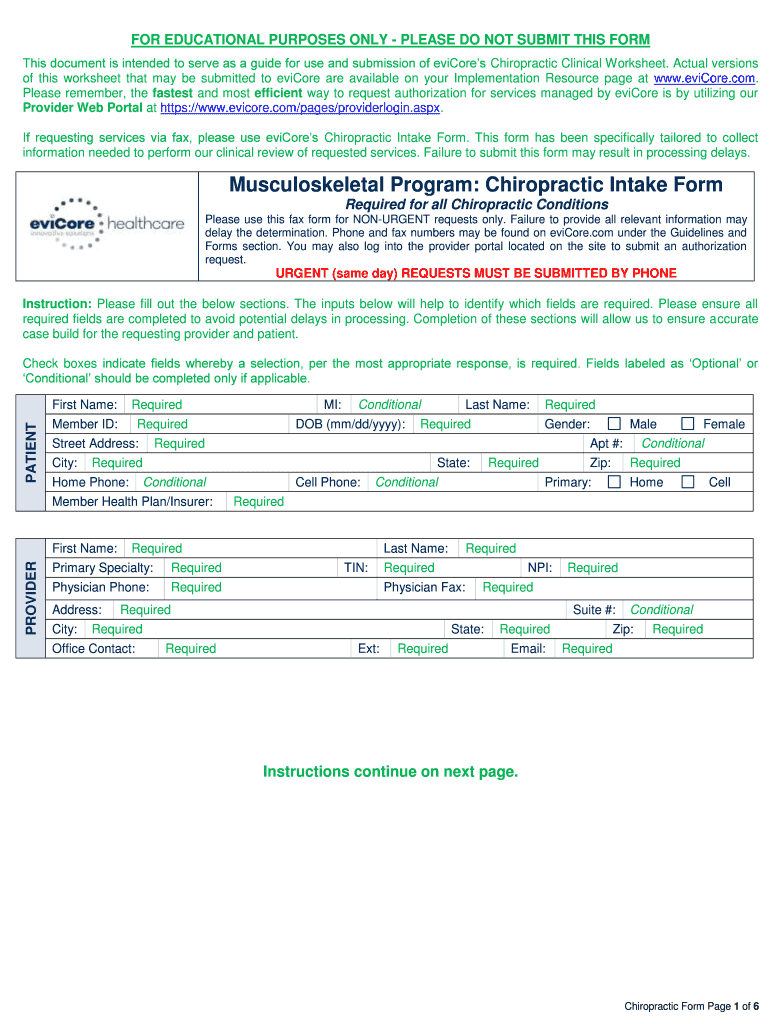 Fillable Online Musculoskeletal Program: Chiropractic Intake Form ...