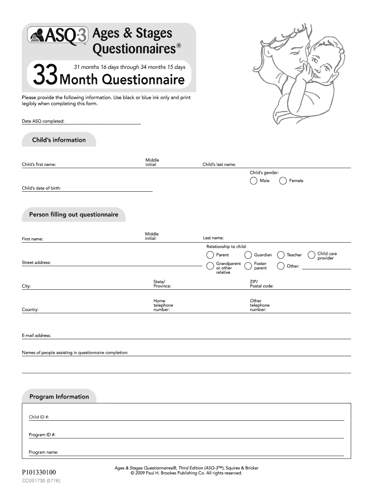 Fillable Online Fillable Online 33 Month Questionnaire - Pediatrics ...
