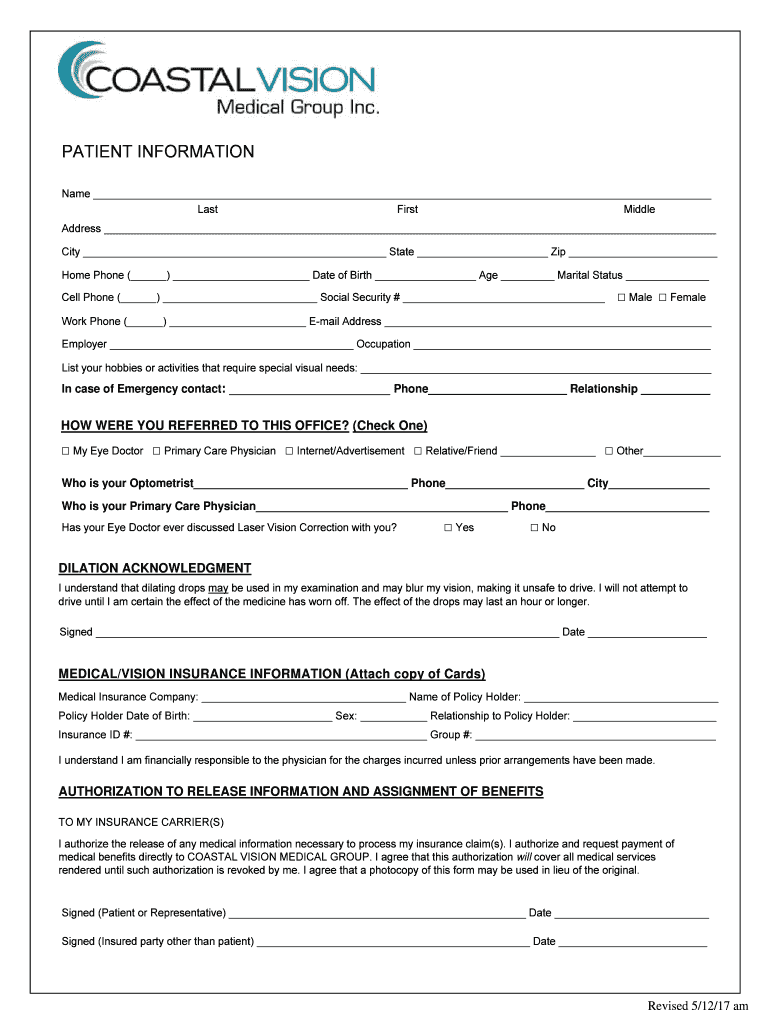 Fillable Online Patient Information Patient's Name: Male Female Da Fax Email Print - pdfFiller