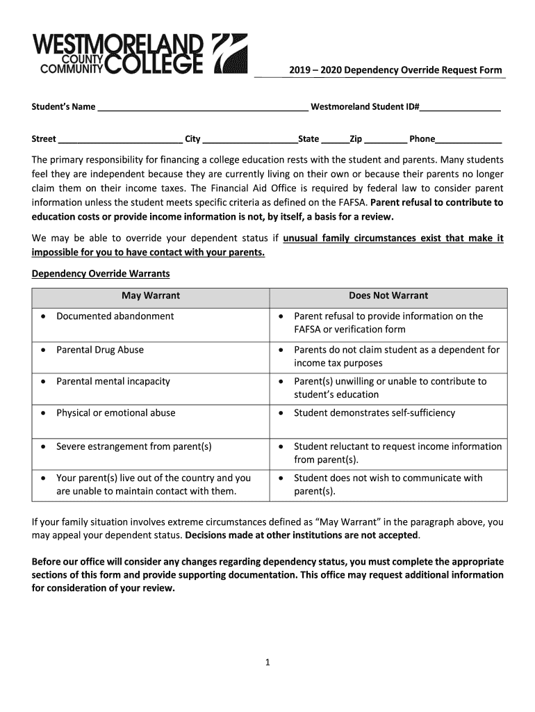 Fillable Online 2019-2020 Dependency Override Request Form.docx Fax Email Print - pdfFiller