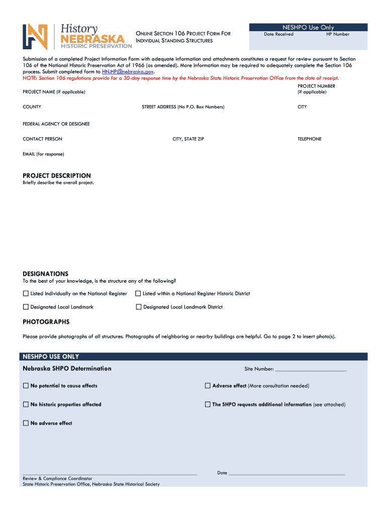 Fillable Online Section 106 Review and Compliance Form - History ...