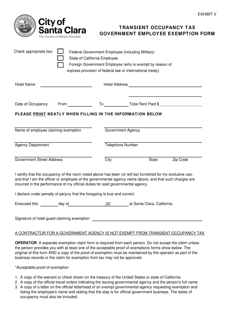 Fillable Online transient occupancy tax government employee exemption ...