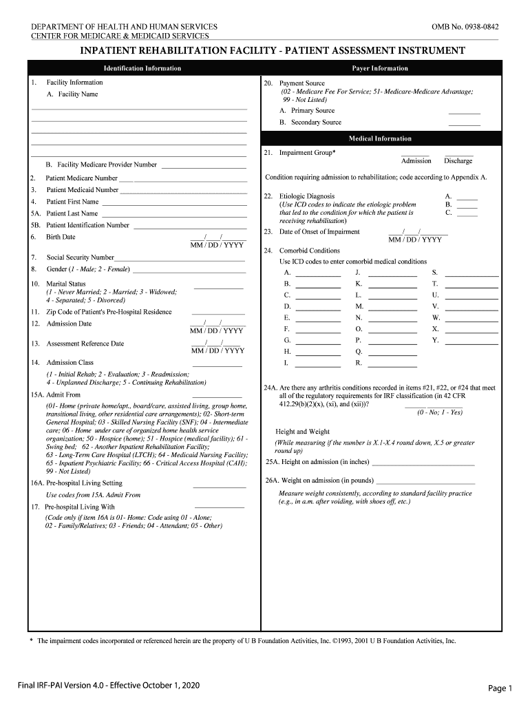 Fillable Online Inpatient Rehabilitation Facility - Patient Assessment ...