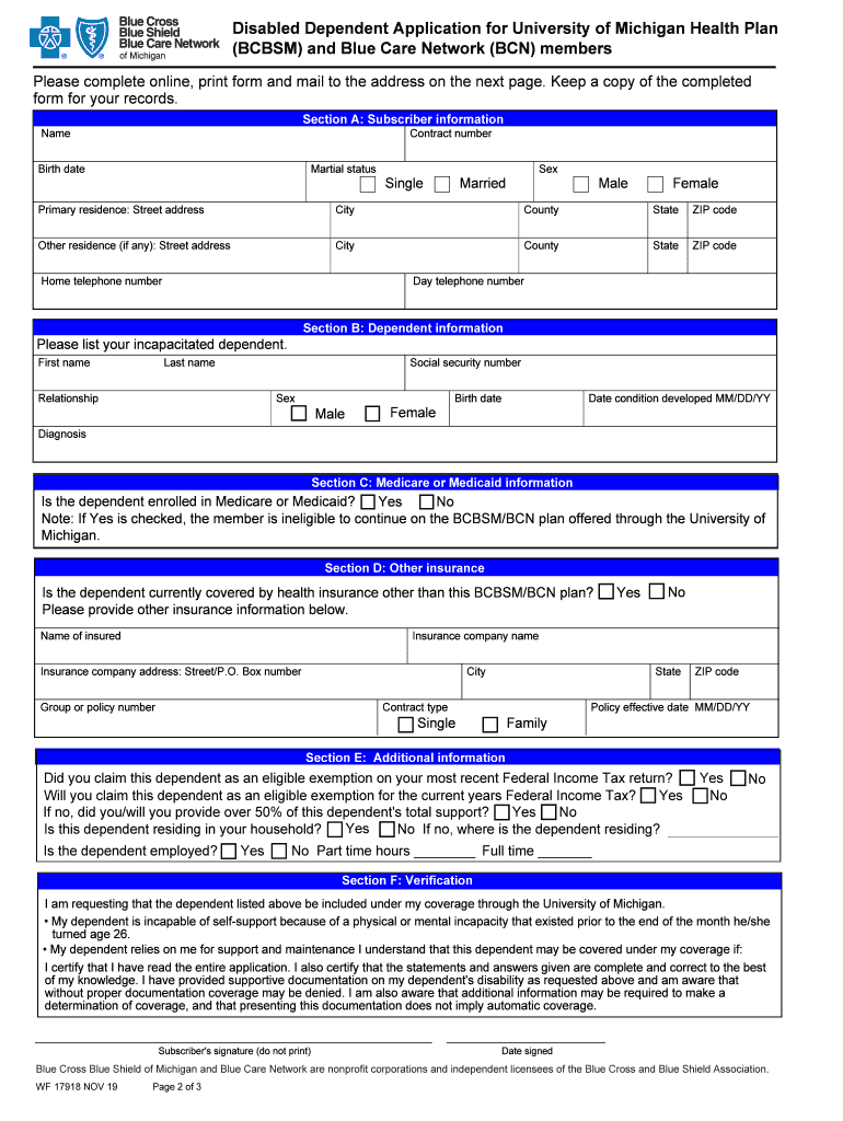 Fillable Online hr umich Disabled Dependent Application for State ...