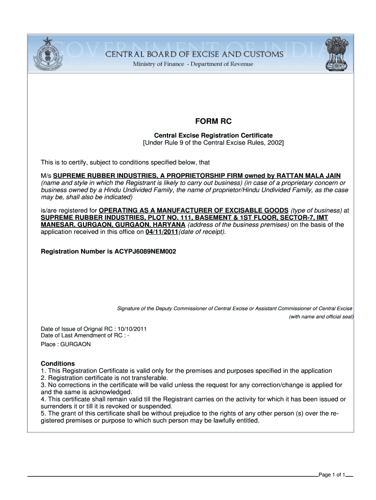 Fillable Online Procedure for Central Excise Registration & grant of Certificate ... Fax Email ...