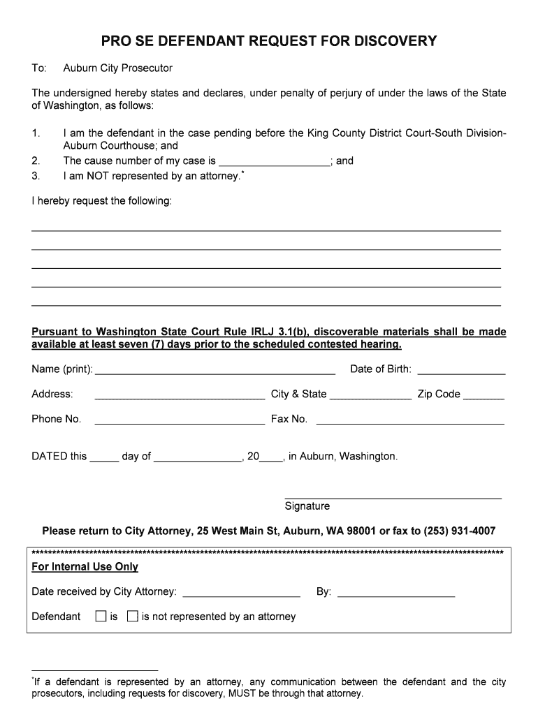 Fillable Online pro se defendant request for discovery - City of Auburn ...