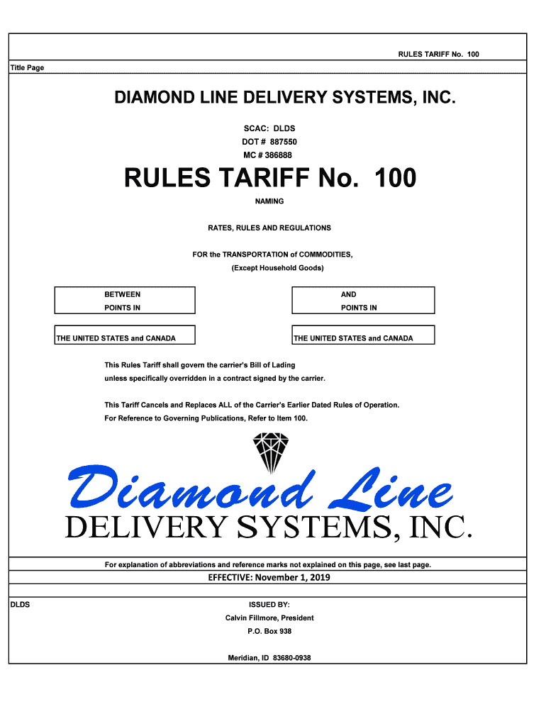 Fillable Online RULES TARIFF No. 100 - Diamond Line Delivery Fax Email ...
