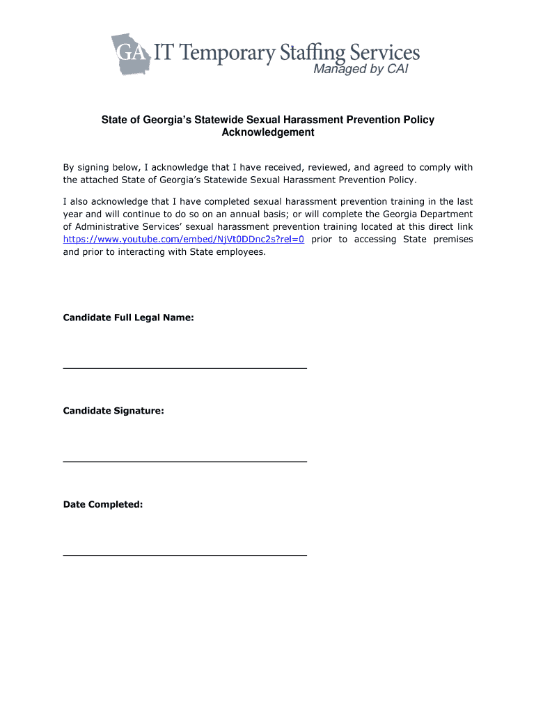 Fillable Online SEXUAL HARASSMENT TRAINING ACKNOWLEDGMENT FORM Fax ...