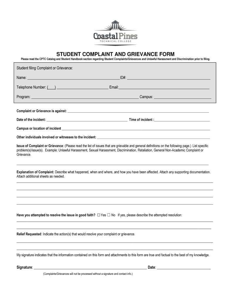 Fillable Online student complaint and grievance form - Coastal Pines ...