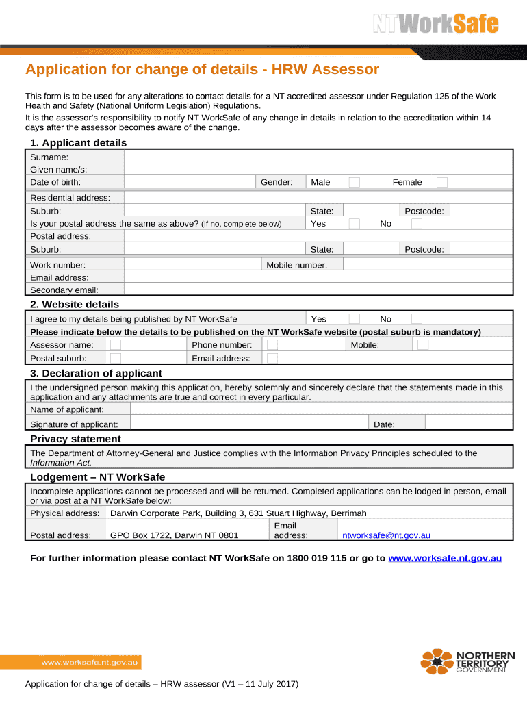 Application for change of details - HRW Assessor Doc Template | pdfFiller