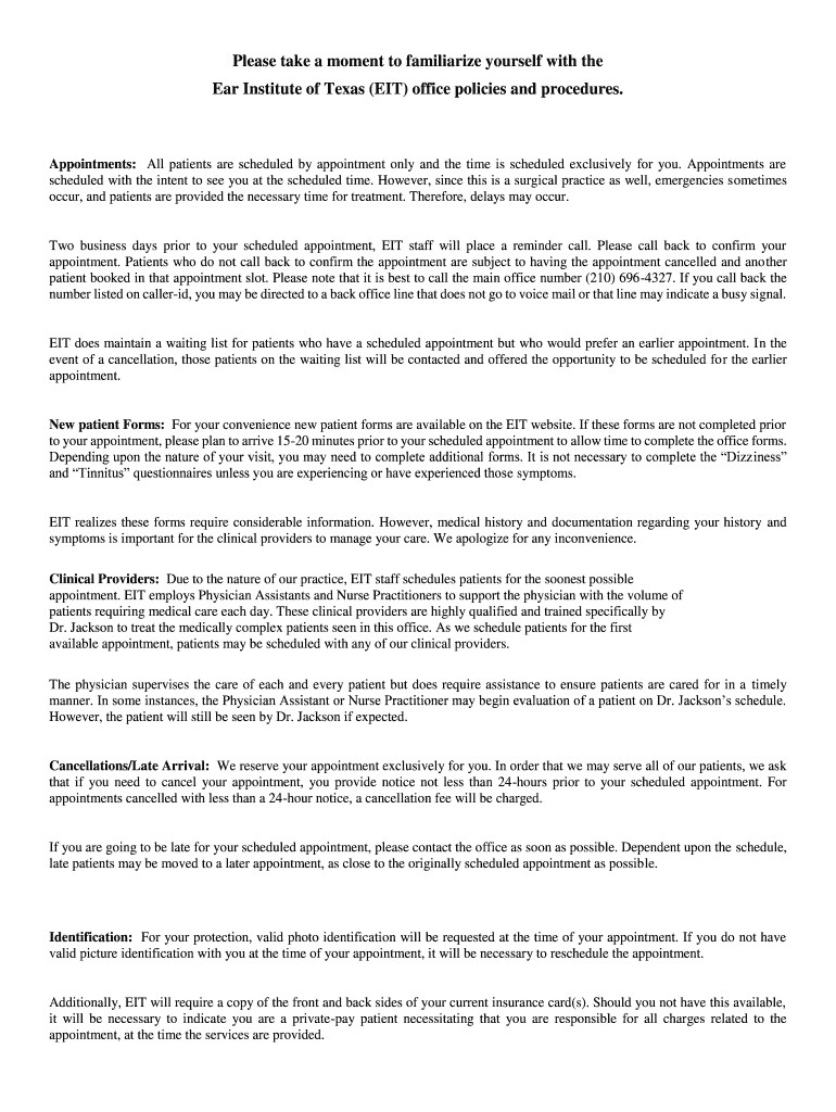 Fillable Online Fillable Online Ear Institute of Texas (EIT) office ...