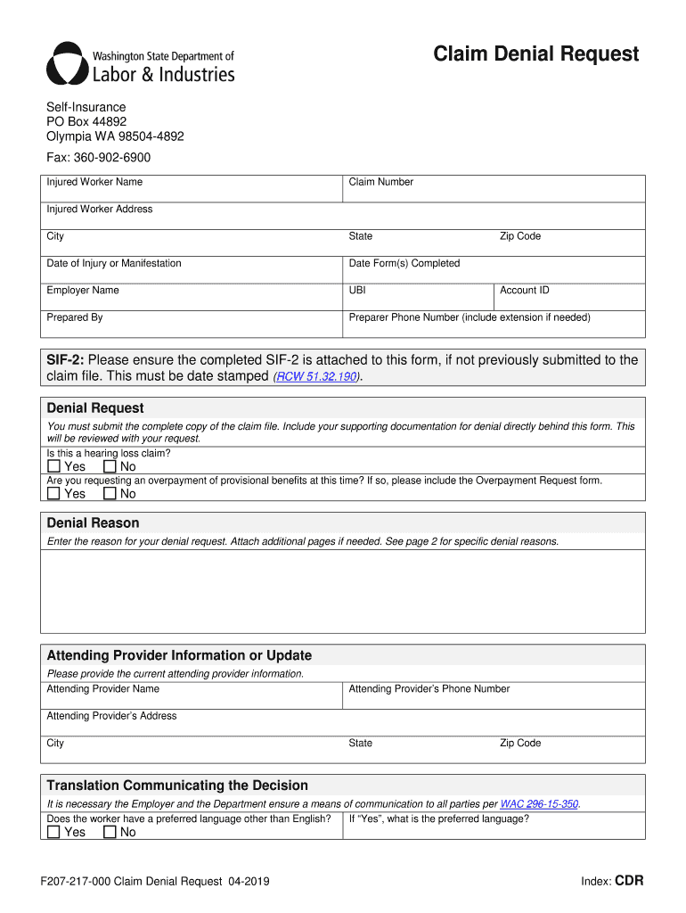Fillable Online Claim Denial Request (F207-217-000). Claim Denial ...