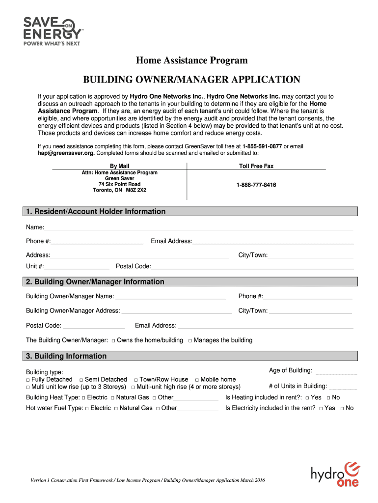 Fillable Online Home Assistance Program BUILDING OWNER ... - Hydro One ...