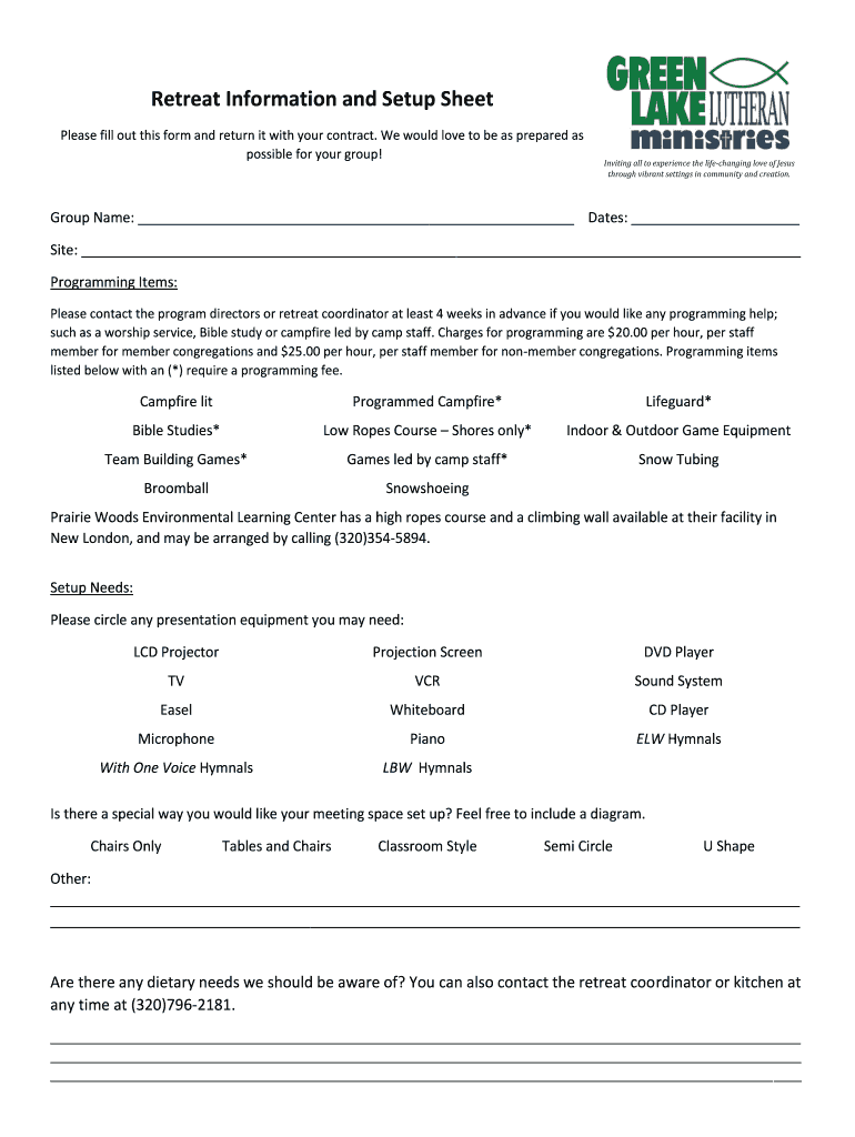 Fillable Online Retreat Information and Setup Sheet Fax Email Print - pdfFiller