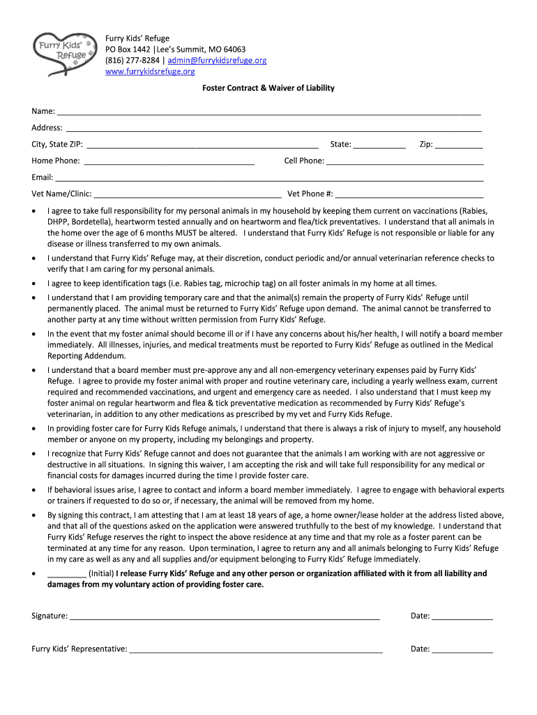 Fillable Online Foster Contract & Waiver of Liability - Furry Kids ...