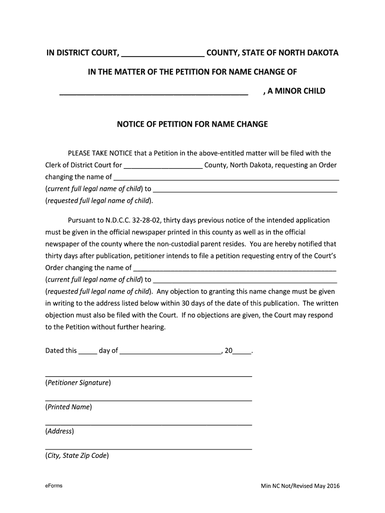 ND Notice Of Petition For Name Change 2016 - Complete Legal Document ...
