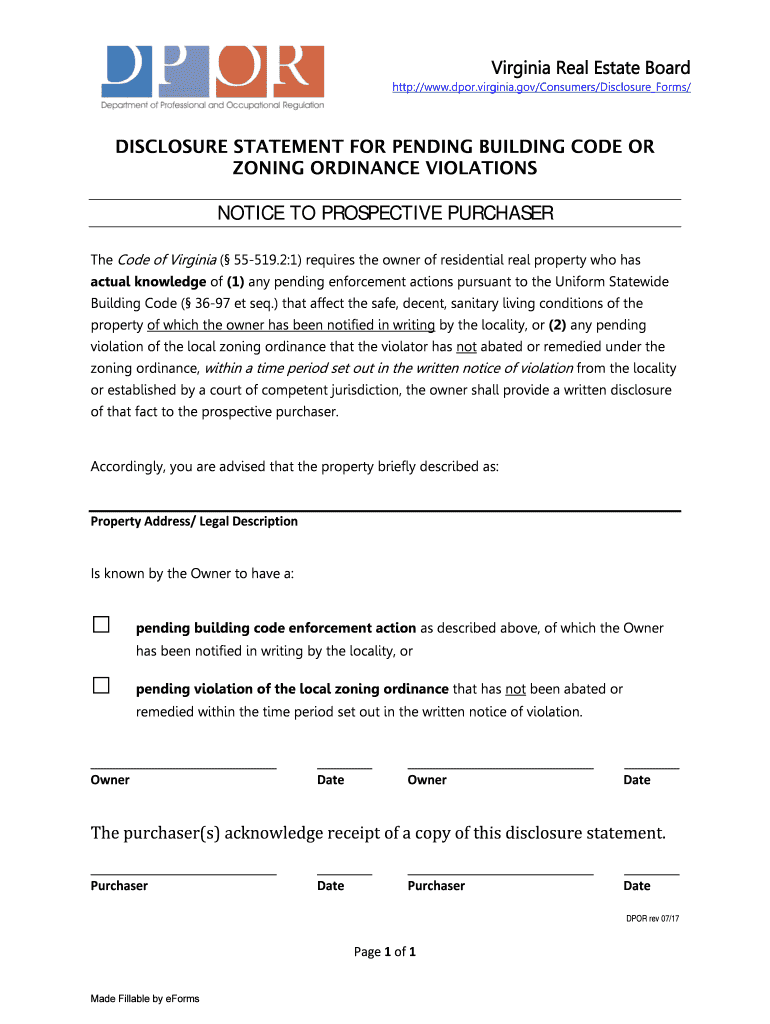 2017 Form VA DPOR Disclosure Statement for Pending Building Code or ...