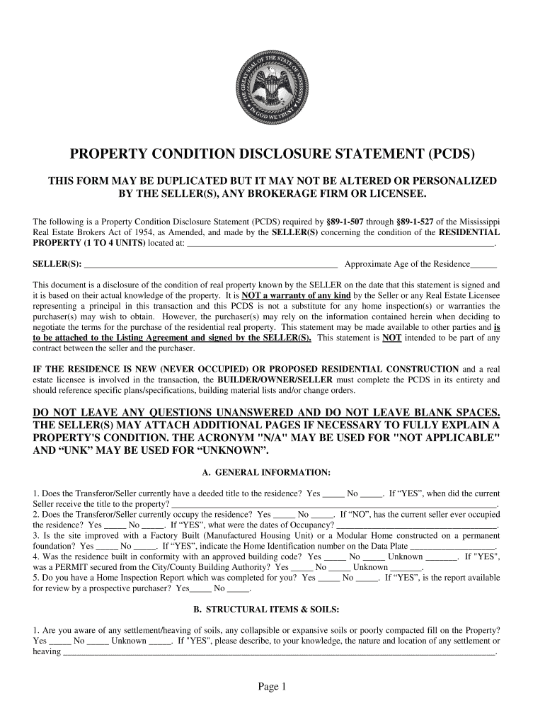 MS REC Property Condition Disclosure Statement (PCDS) - Fill and Sign ...