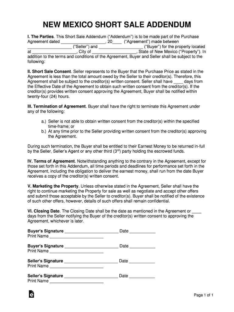 Fillable Online New Mexico Short Sale Addendum to Purchase Agreement ...