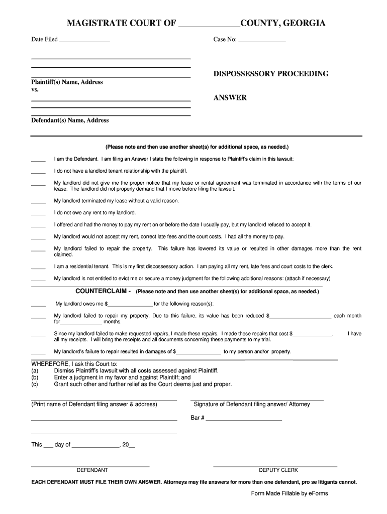 Georgia Dispossessory Answer Form - Blank Fillable Template | Fill Out ...