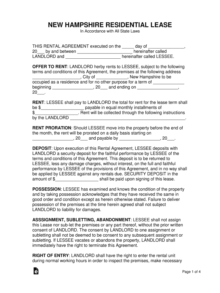 Fillable Online New Hampshire rental agreement formsNH lease templates ...