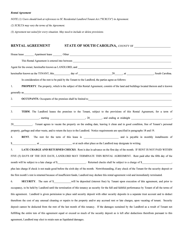 Fillable Online Download South Carolina Rental Agreement Template for ...
