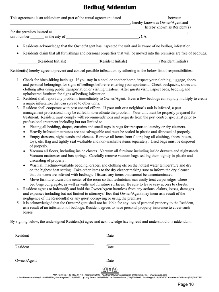Arizona Bed Bug Disclosure Form - Blank Fillable Template | Fill Out ...