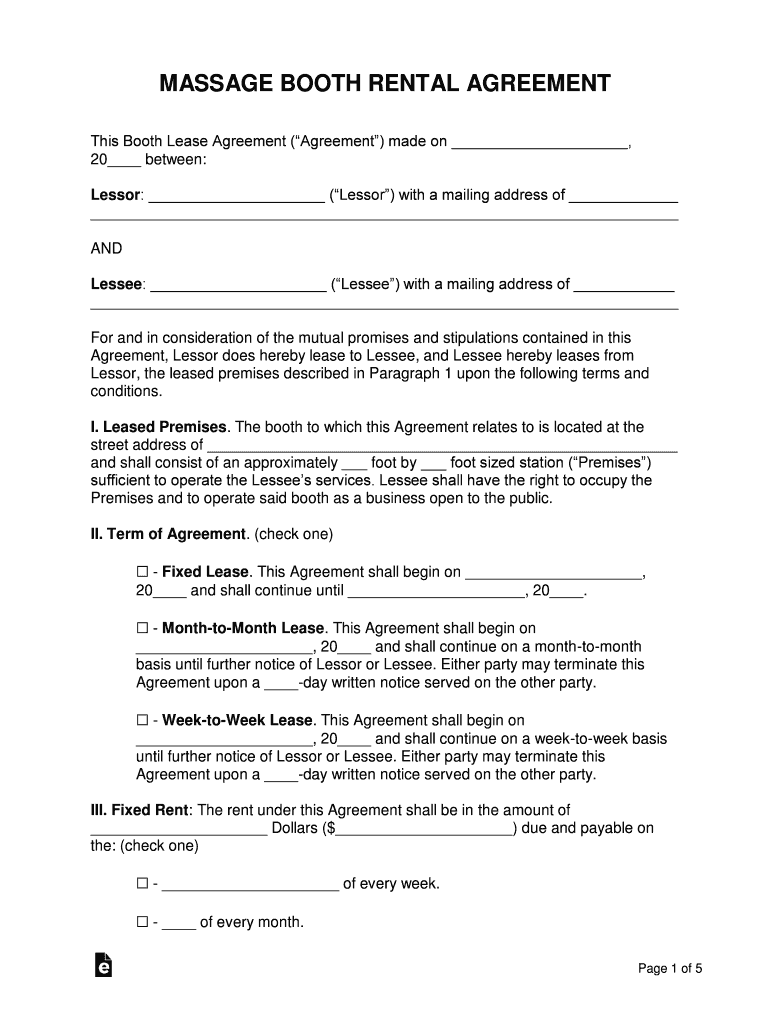 Massage Booth Rental Agreement Form - Fill Online, Printable, Fillable ...