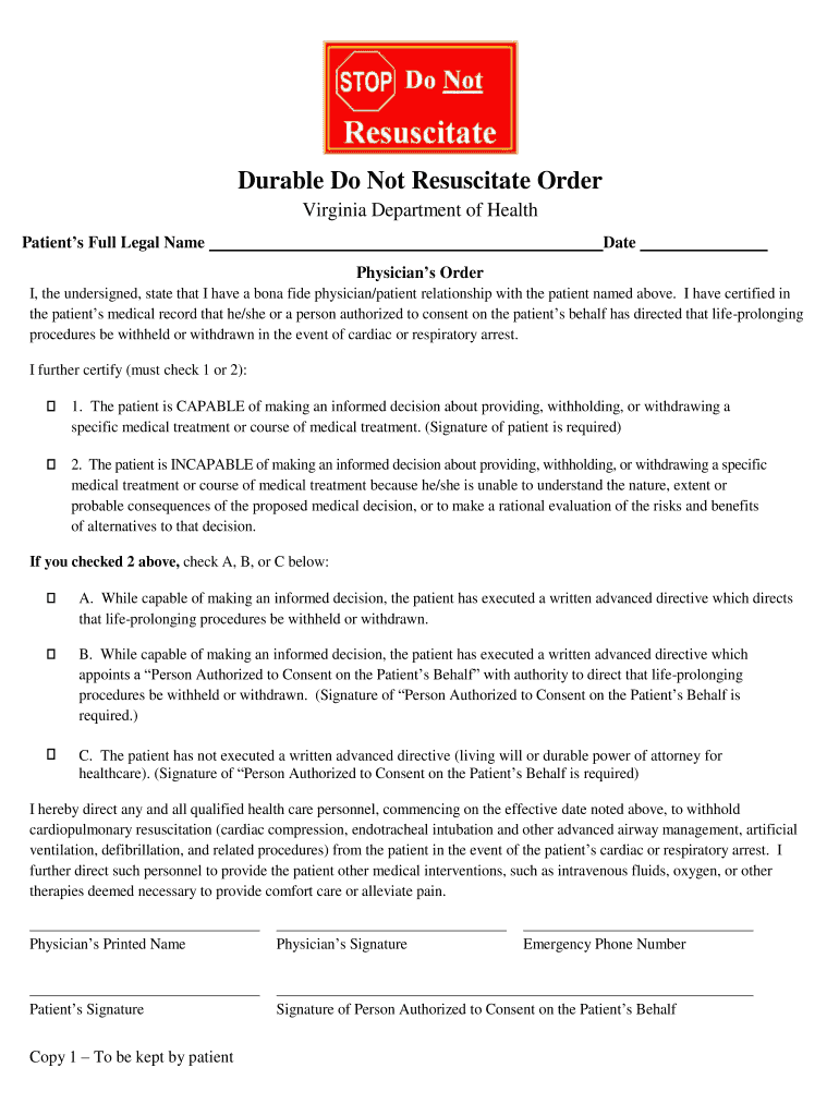 Fillable Online Authorized Durable Do Not Resuscitate Order Form ...