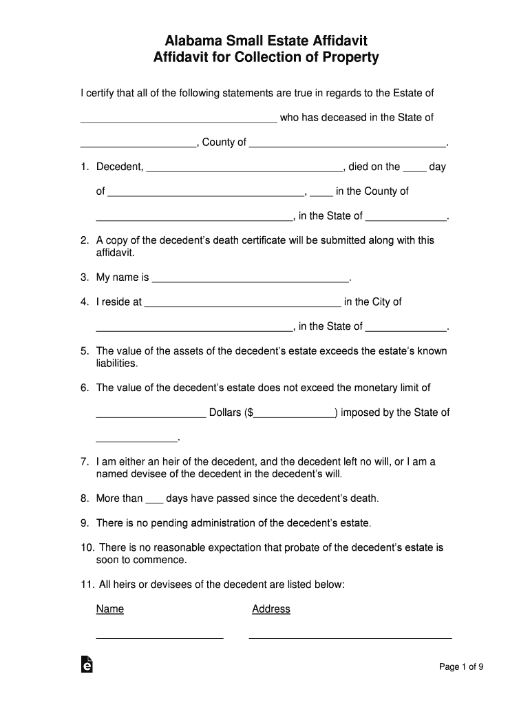 Alabama Small Estate Affidavit - Fill Out, Sign & Share Online | pdfFiller