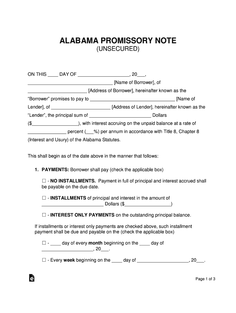 Fillable Online Alabama Unsecured Promissory Note Template Fax Email 