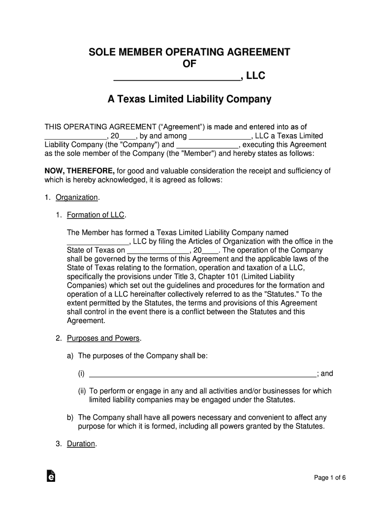 Single Member Llc Operating Agreement Texas Fill Out Sign Online 