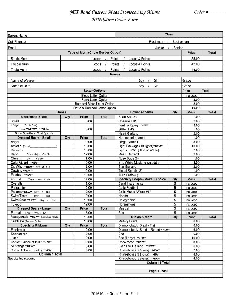 Fillable Online JET Band Custom Made Homecoming Mums Order # 2016 Mum ...