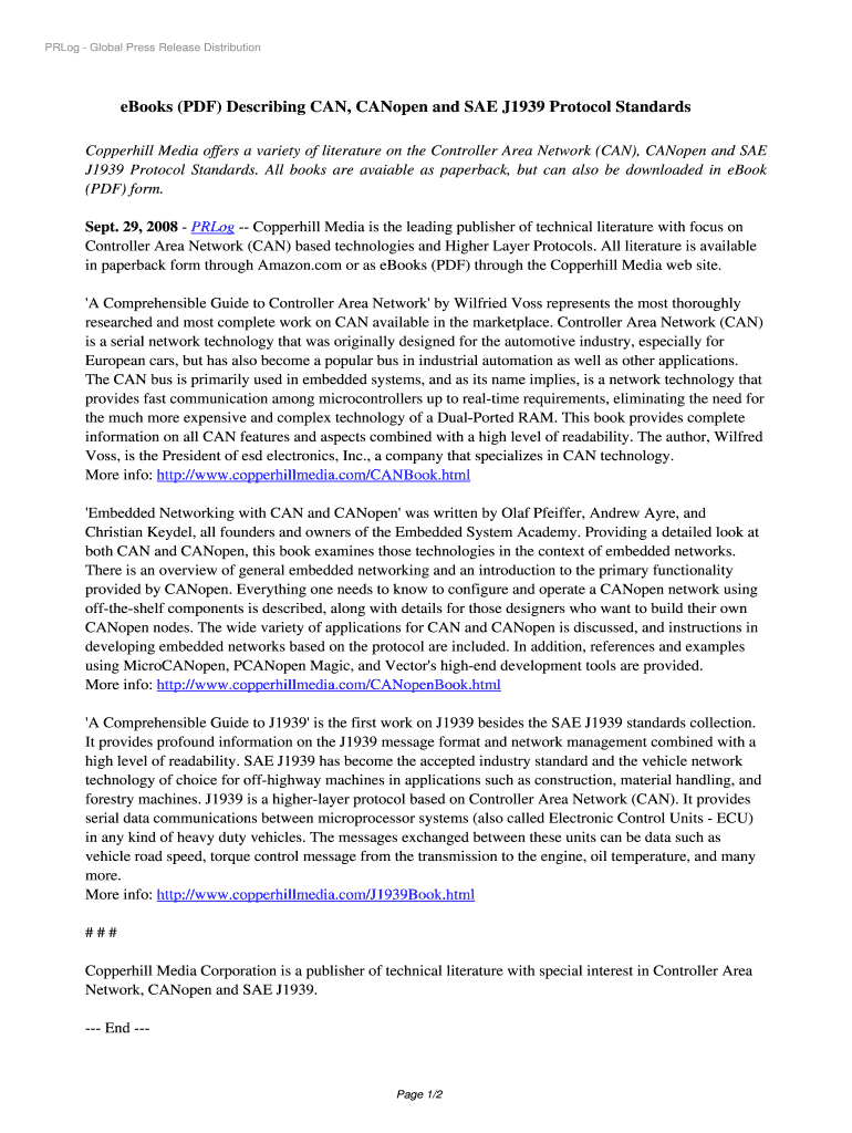 Fillable Online PRLog - eBooks (PDF) Describing CAN, CANopen and SAE ...