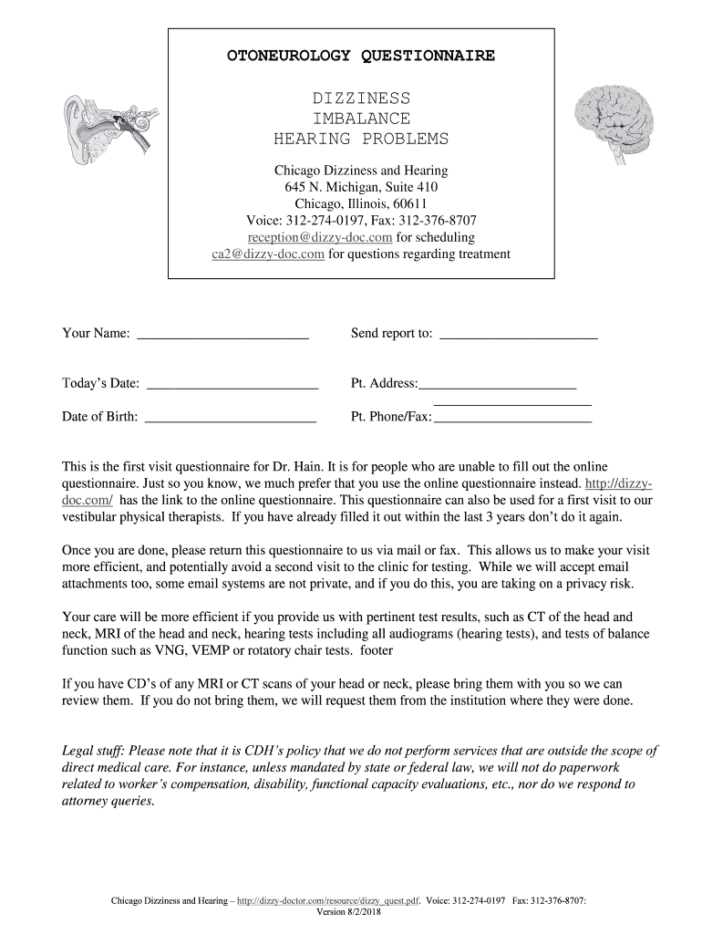 Fillable Online otoneurology questionnaire - Chicago Dizziness and ...