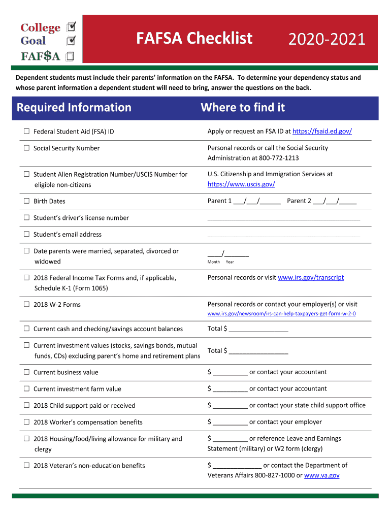 Fillable Online FAFSA Checklist 2020-2021 Fax Email Print - pdfFiller