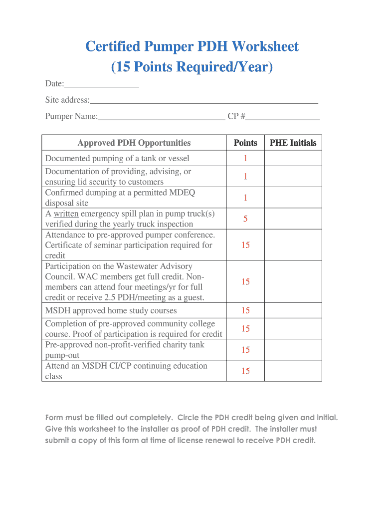 Fillable Online msdh ms Certified Pumper PDH Worksheet (15 Points ...