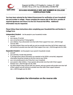 Fillable Online 2019-2020 Household Size and Number in College Verification Form. 2019-2020 ...