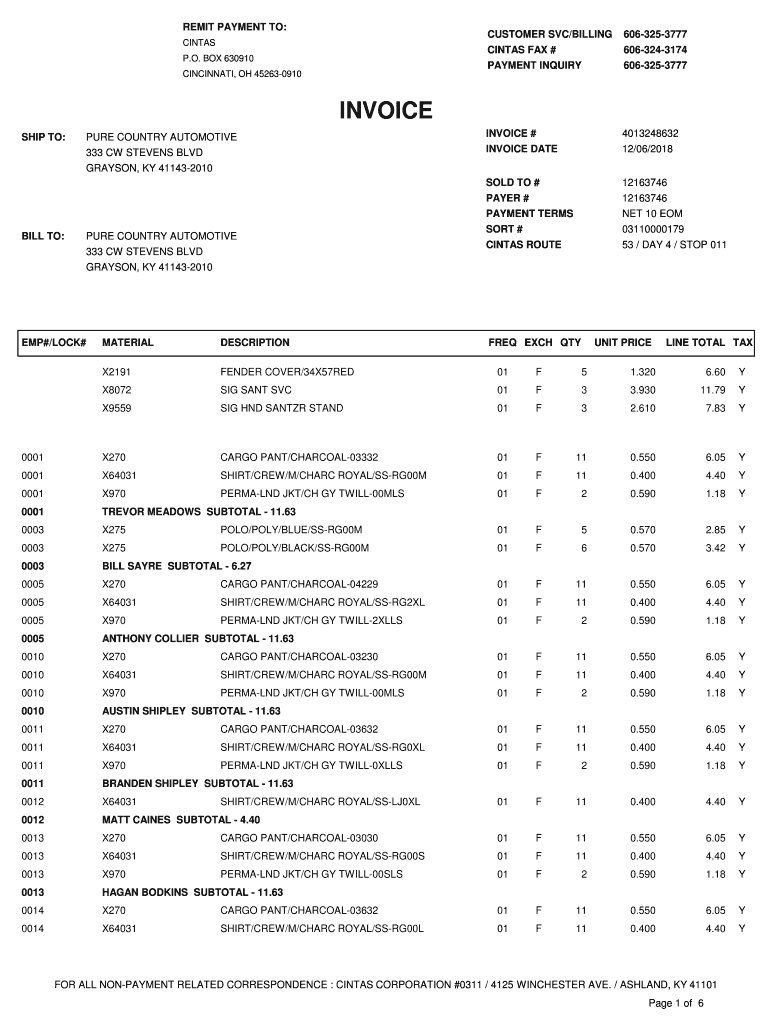 Cintas Invoice Codes - Fill Online, Printable, Fillable, Blank | pdfFiller