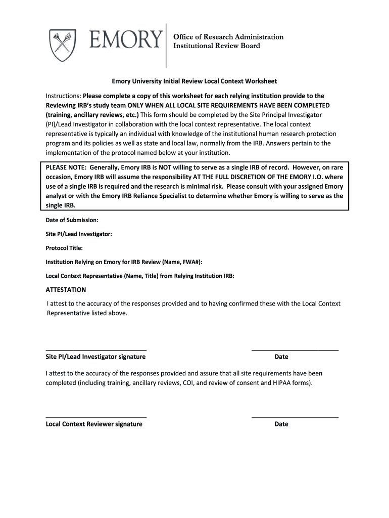 Fillable Online Local Context Worksheet - Emory IRB - Emory University ...