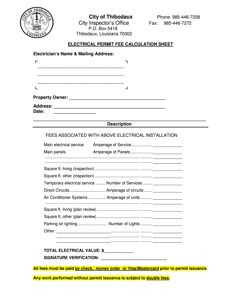 Fillable Online Electrical Permit Application Form - City of Thibodaux ...