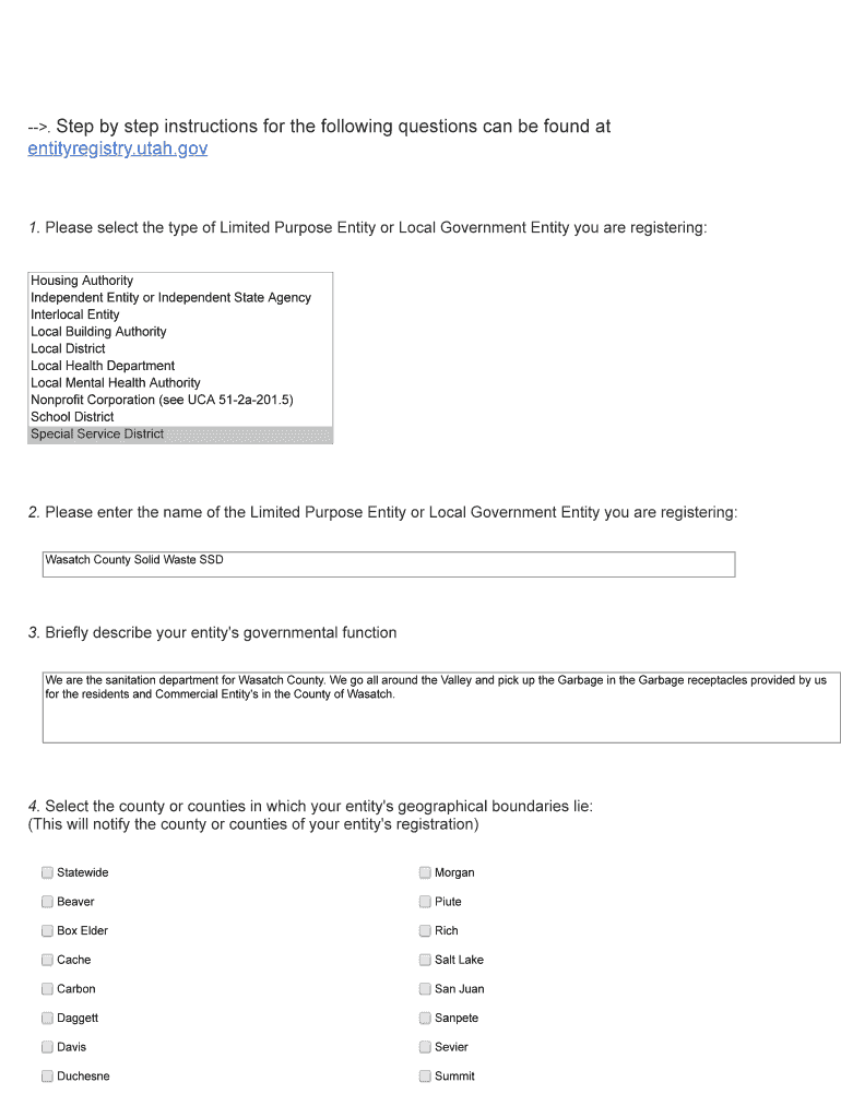 Fillable Online Wasatch County - Entity Registration - Utah.gov Fax ...