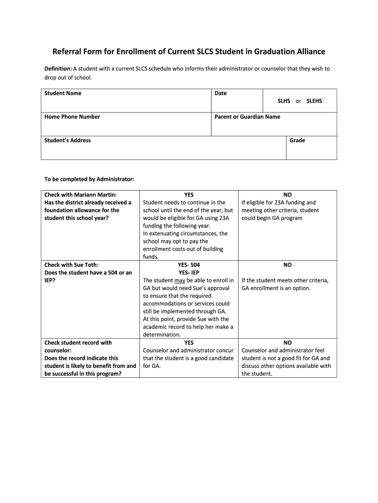 Fillable Online Referral Form for Enrollment of Current SLCS Student in ...