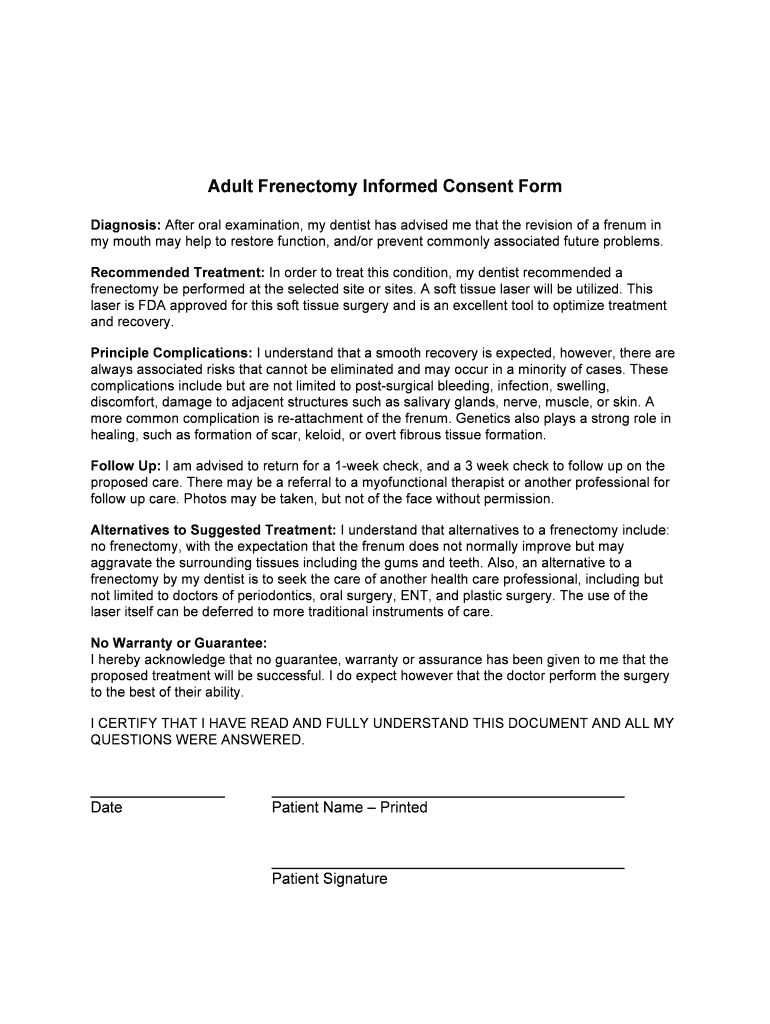 Fillable Online Fillable Online Adult Frenectomy Informed Consent Form ...