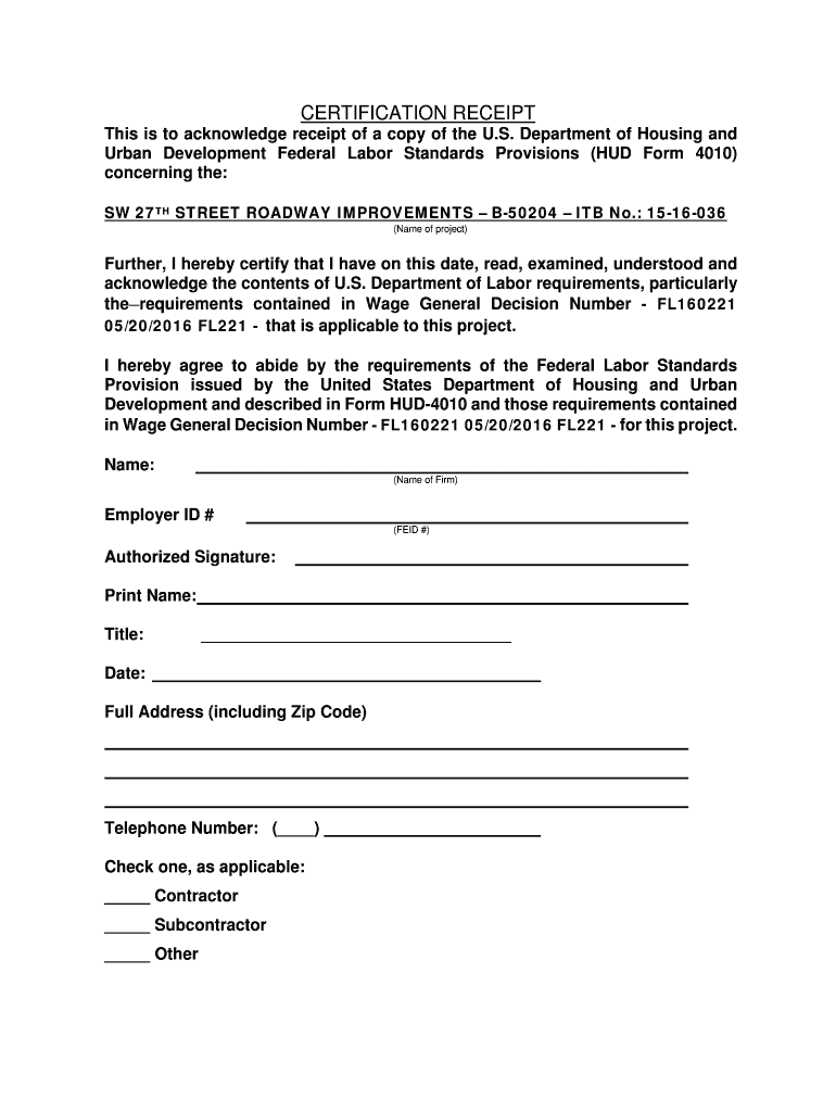 Fillable Online HUD Form 4010 - Federal Labor Standards Provisions ...