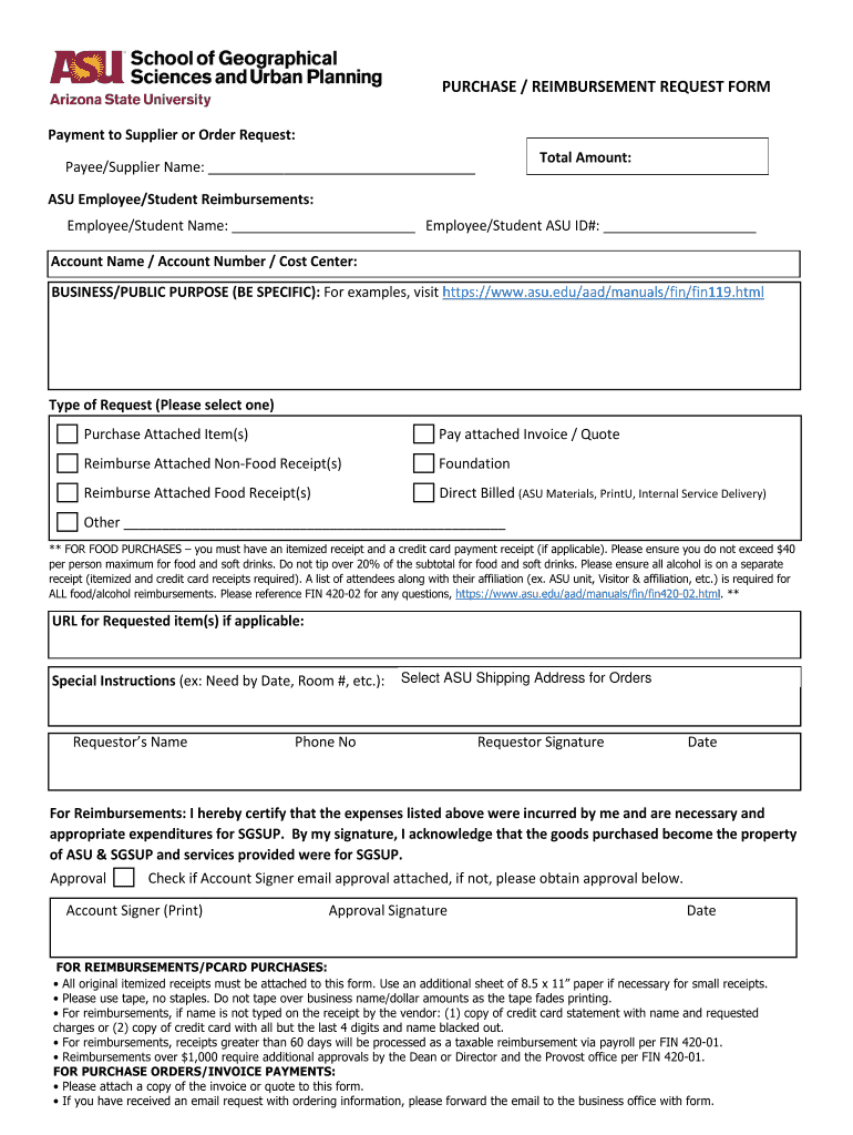 Fillable Online Purchase Request / Reimbursement Form - ASU Research ... Fax Email Print - pdfFiller