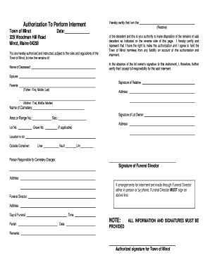 Fillable Online Authorization To Cemetery To Perform Interment - Town ...