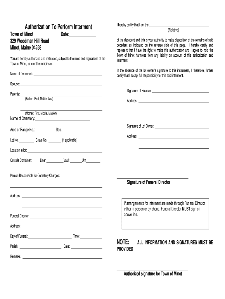 Fillable Online Authorization To Cemetery To Perform Interment - Town ...