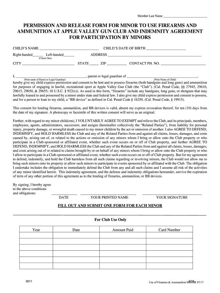 Fillable Online PERMISSION AND RELEASE FORM FOR MINOR TO USE FIREARMS ...