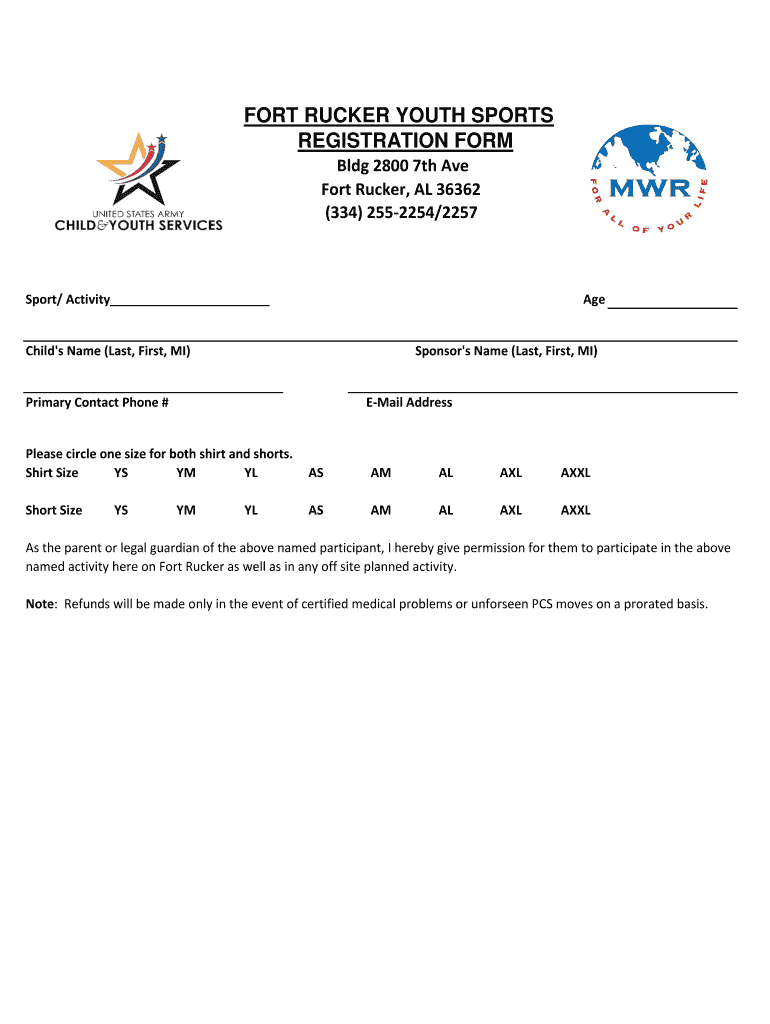 Fillable Online fort rucker youth sports registration form - Ft. Rucker ...